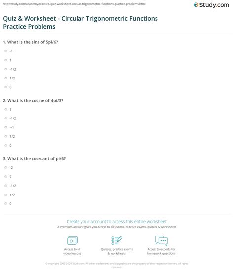 Quiz And Worksheet Circular Trigonometric Functions Practice Problems