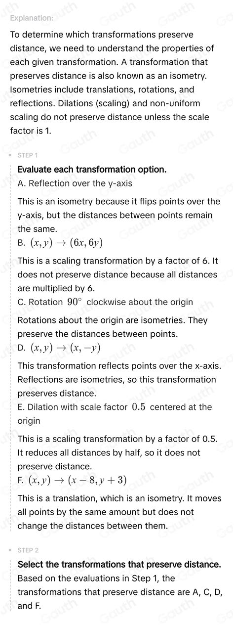 Solved: Select all of the following transformations that preserve distance. A. Reflection over ...