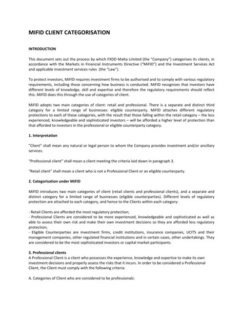 Mifid Client Categorisation Policy Fxdd Malta