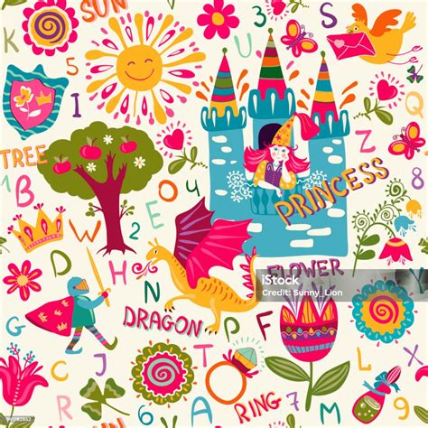 알파벳 숫자 그려진된 재미 있는 캐릭터와 화려한 완벽 한 패턴입니다 어린이 학습 알파벳 및 숫자 직물 인쇄 카드 웹 커버에 대 한 배경 벡터 공주에 대한 스톡 벡터 아트 및