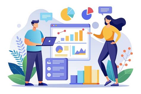 Premium Vector A Man And A Woman Standing In Front Of A Chart Discussing Data And Analysis Two