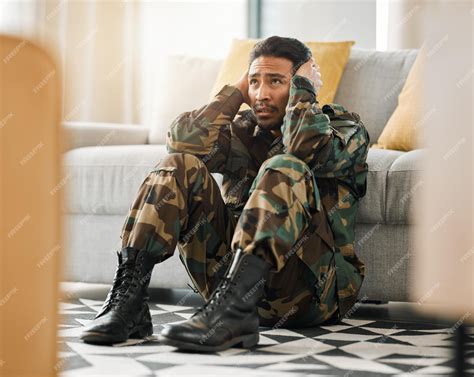 Premium Photo Soldier Depression And Ptsd With Man In Living Room For Anxiety Stress And