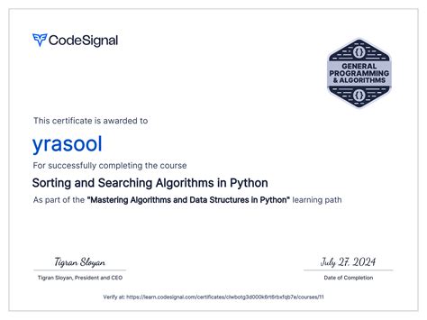 Course Certificate For Sorting And Searching Algorithms In Python Codesignal Learn