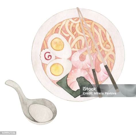새우를 곁들인 일본라면 수프의 수채화 그림 국수 김 계란 아시아 숟가락 손으로 그렸습니다 라면 국수에 대한 스톡 벡터 아트 및 기타 이미지 Istock