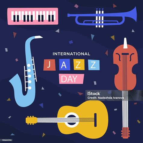 플랫 인터내셔널 재즈 데이 일러스트 벡터 일러스트레이션 기타 현악기에 대한 스톡 벡터 아트 및 기타 이미지 기타 현악기 배경 주제 편지 문서 Istock