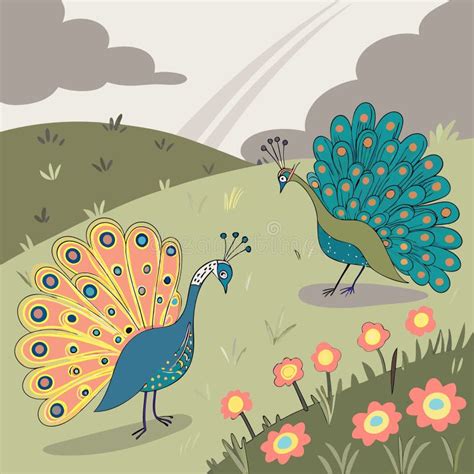 Peacocks Dancing In A Colorful Meadow Vector Background Stock Vector