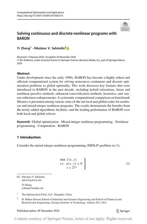 solving continuous and discrete nonlinear programs with baron request pdf