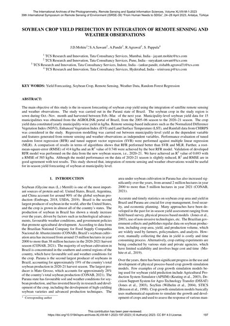Pdf Soybean Crop Yield Prediction By Integration Of Remote Sensing And Weather Observations