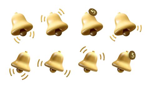 흰색 배경에 격리된 노란색 3d 알림 벨 아이콘 집합입니다 소셜 미디어 알림에 대한 새로운 알림과 함께 3d 렌더링 울리는 벨 벡터 일러스트레이션 0명에 대한 스톡 벡터