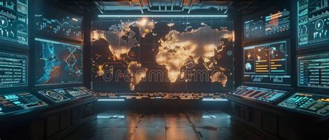 An Advanced Futuristic Control Room With A Large Screen Displaying A World Map And Various Data