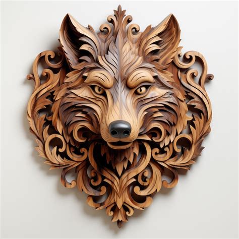 Premium Photo Illustration Illustrated Wolf Shaped Wood Carving On Wall