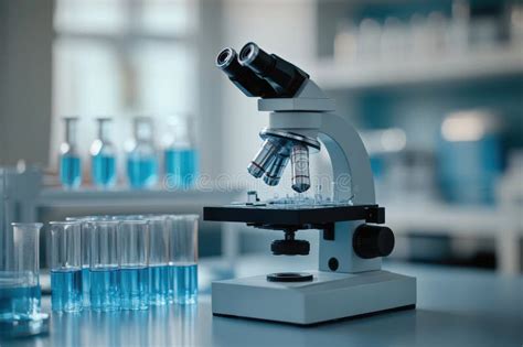 Science Experiment Concept Banner With Microscope And Test Tubes On Lab Table In Empty