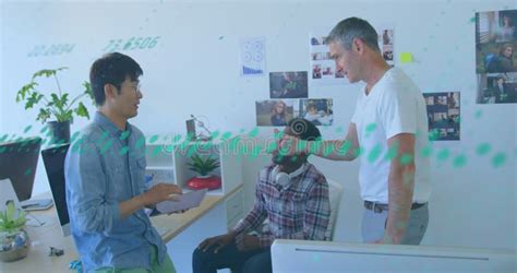 Image Of Data Processing Over Three Diverse Men Discussing Together At Office Stock Image