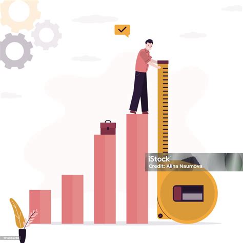 막대 그래프 비즈니스 벤치마크 측정 Kpi 핵심 성과 지표를 측정하기 위해 측정 테이프를 사용하여 성공 개선 또는 비즈니스 성장을 평가하는 사업가 성공에 대한 스톡 벡터