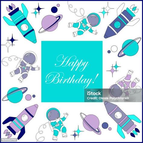 만화 우주 비행사 우주선 및 행성과 함께 생일 축하 인사말 카드 생일에 대한 스톡 벡터 아트 및 기타 이미지 생일 태양계
