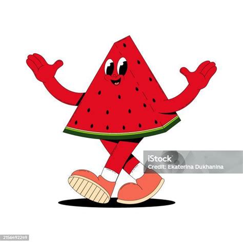 펑키한 그루비 복고풍 과일 캐릭터 행복한 미소 얼굴 손 발을 가진 걷는 수박의 만화 마스코트 Groovy 여름 벡터 일러스트 레이 션은 투명 한 배경에 고립되어 있습니다 0