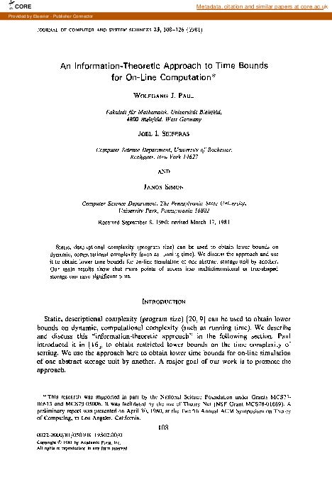 Pdf An Information Theoretic Approach To Time Bounds For On Line Computation Joel Seiferas