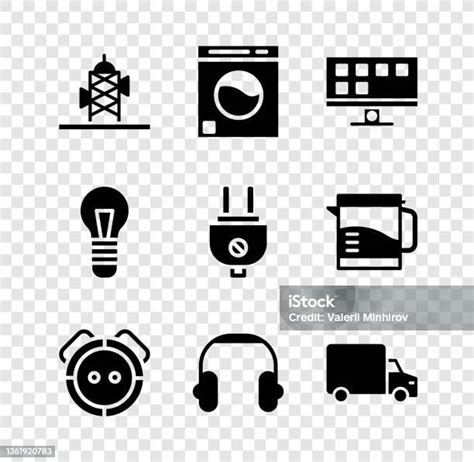 안테나 와셔 스마트 Tv 로봇 진공 청소기 헤드폰 배달화물 트럭 전구 및 전기 플러그 아이콘을 설정합니다 벡터 가정 생활에 대한 스톡 벡터 아트 및 기타 이미지 Istock