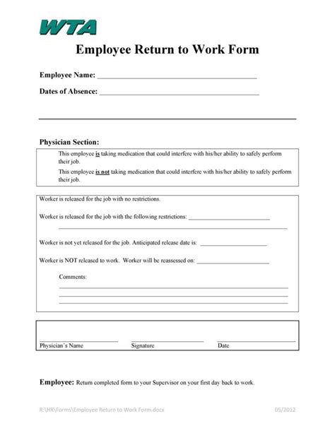 49 Best Return To Work Work Release Forms ᐅ TemplateLab
