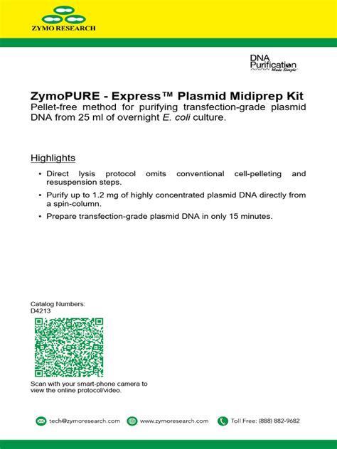 D4213 Zymopure Express Midiprep Pdf Life Sciences Scientific