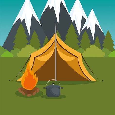 텐트와 캠프 파이어와 캠핑 영역 프리미엄 벡터