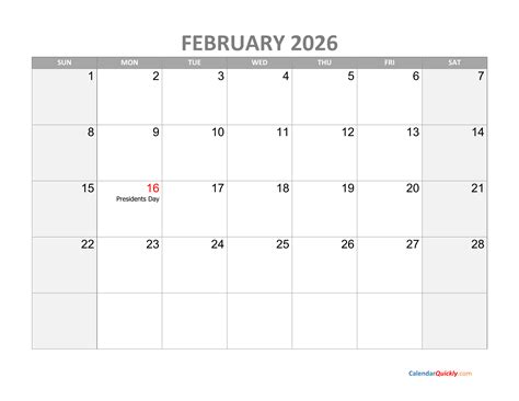 February Calendar With Holidays 2026 — My Edu Worksheet