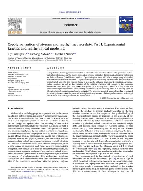 Pdf Copolymerization Of Styrene And Methyl Methacrylate Part I Experimental Kinetics And