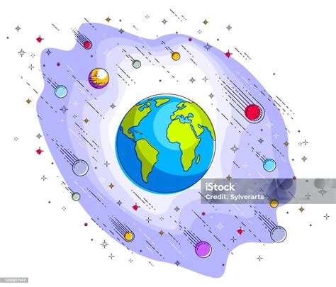 우주에서 지구 운석 소행성과 별에 둘러싸인 거대한 우주에서 우리의 행성 만화 과학 우주 흰색으로 격리된 가는 선 3d 벡터 그림입니다 0명에 대한 스톡 벡터 아트 및 기타