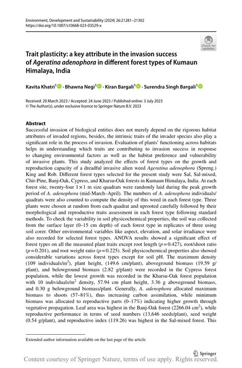 Trait Plasticity A Key Attribute In The Invasion Success Of Ageratina