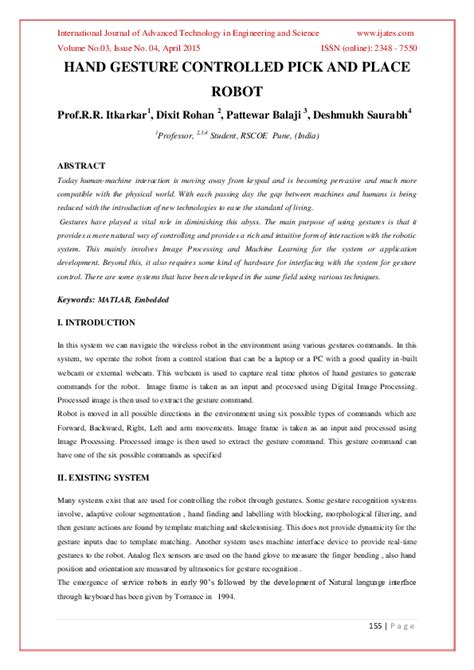 Pdf Hand Gesture Controlled Pick And Place Robot