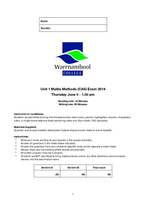 Methods Units 1 Exam Name Teacher Unit 1 Maths Methods Cas Exam 2014 Thursday June 5 1 Pm