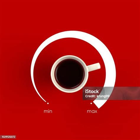 빨간 배경 커피 개념 그림 3d 렌더링에 고립 된 최대 수준으로 최소에서 볼륨 컨트롤의 모양에 커피 한 잔의 상위 뷰 0명에 대한 스톡 사진 및 기타 이미지 Istock
