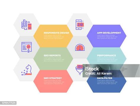 인포그래픽 디자인 템플릿입니다 응답 디자인 Seo 보고서 Seo 전략 앱 개발 성능 6 가지 옵션 또는 단계가있는 데이터 필터 아이콘 0명에 대한 스톡 벡터 아트 및 기타