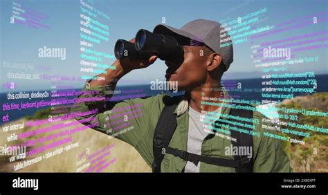 Image Of Data Processing Over African American Man Using Binoculars In