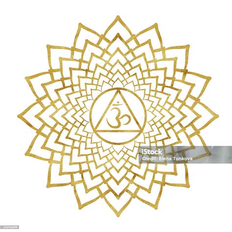 크라운 차크라 Sahasrara는 황금빛 질감과 중앙에 산스크리트어 문자를 가지고 있습니다 치유 에너지 균형 손으로 그린 수채화