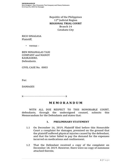 Sample Memorandum For Damages Pdf Negligence Damages
