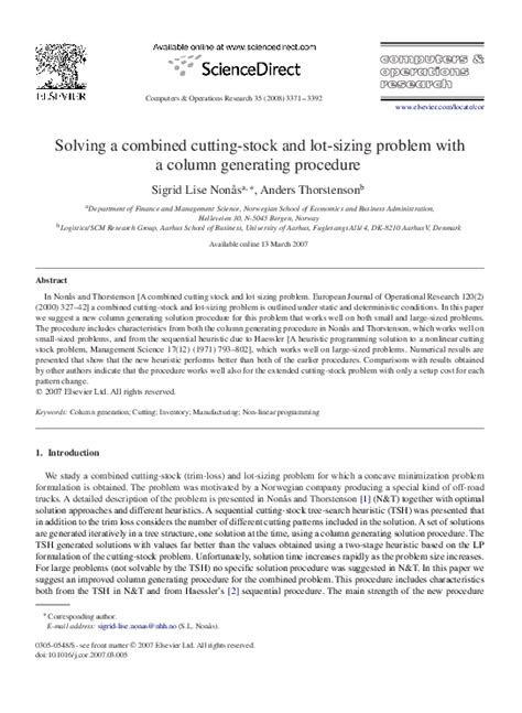 Pdf Solving A Combined Cutting Stock And Lot Sizing Problem With A Column Generating Procedure