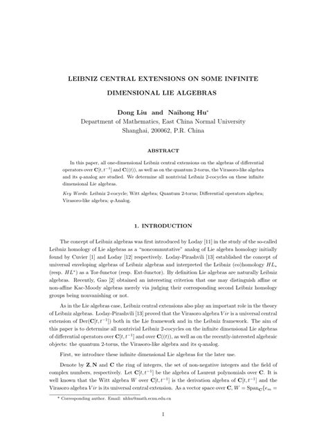Pdf Leibniz Central Extensions On Some Infinite Dimensional Lie Algebras