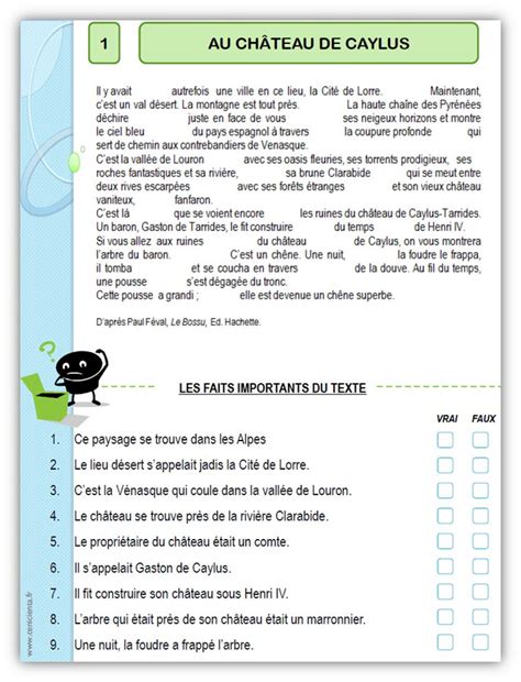 Cm • Ateliers Français • Lecture Compréhension ~ Lecture Compréhension Cm1 Lecture