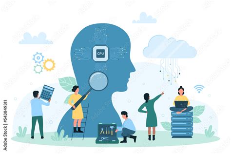 Artificial Intelligence Machine Learning Vector Illustration Cartoon Tiny People Analyze Data