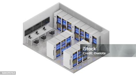 작은 크기의 서버 룸의 아이소메트릭 뷰 완전히 작동하는 서버 랙의 여러 행이있는 데이터 센터 3d 렌더링 Cpu에 대한 스톡