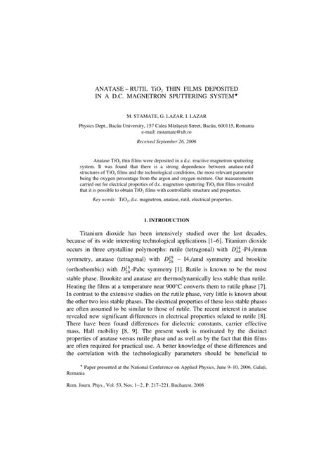 Pdf Anatase Rutil Tio2 Thin Films Deposited In A D C Magnetron Sputtering System