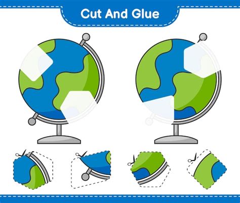 자르고 붙이고 글로브의 일부를 자르고 붙입니다 교육 어린이 게임 인쇄용 워크시트 벡터 일러스트 레이 션 프리미엄 벡터