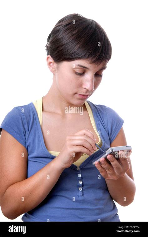 A Woman Holding A PDA Isolated On White Stock Photo Alamy
