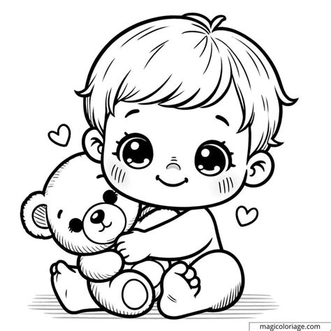 Coloriage De Bébé Faisant Un Câlin à Un Ours En Peluche à Imprimer En