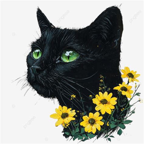 평온함과 아름다움 녹색 눈과 노란 꽃을 가진 검은 고양이 검은 고양이 녹색 눈 Png 일러스트 및 이미지 에 대한 무료 다운로드 Pngtree