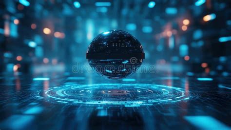 Futuristic Floating Sphere In Digital Data Labyrinth With Neon Lights And Glowing Abstract Grid