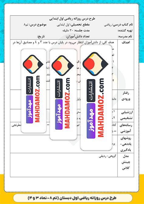 طرح درس روزانه تم 8 — ریاضی اول ابتدایی — مهدآموز