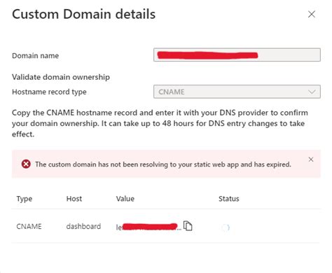 the custom domain has not been resolving to your static web app and has