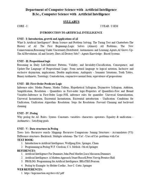 Ai Syllabus Pdf Logic First Order Logic